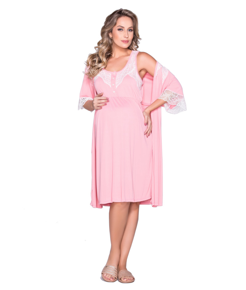 Conjunto Camisola e Robe com Renda Rosa - Belly Home
