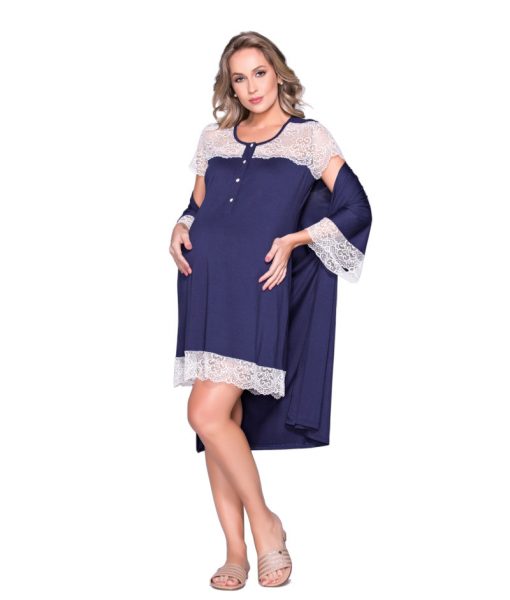 Conjunto Camisola com Renda e Robe Azul Marinho - Belly Home