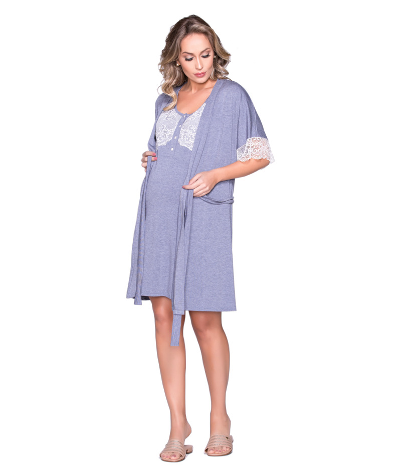 Conjunto Camisola e Robe com Renda Sobreposta - Belly Home