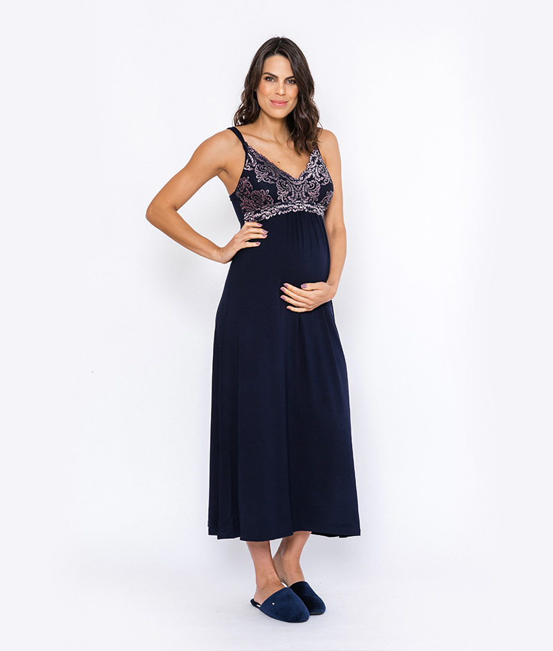 Conjunto Camisola e Robe Longo Marinho com Renda Rosê - Belly Home