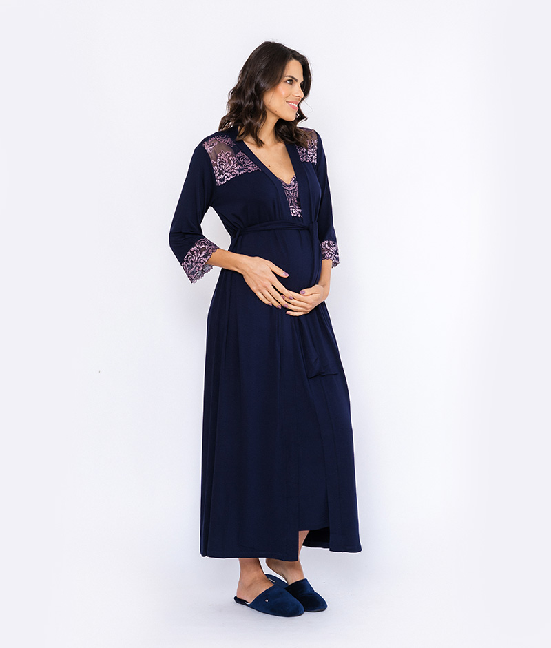 Conjunto Camisola e Robe Longo Marinho com Renda Rosê - Belly Home