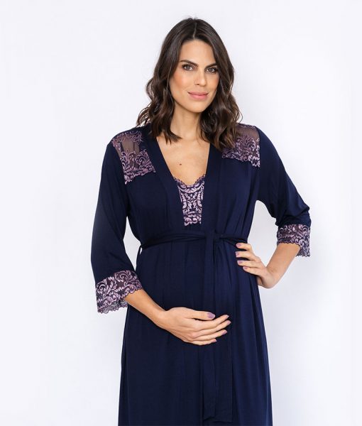 Conjunto Camisola e Robe Longo Marinho com Renda Rosê - Belly Home