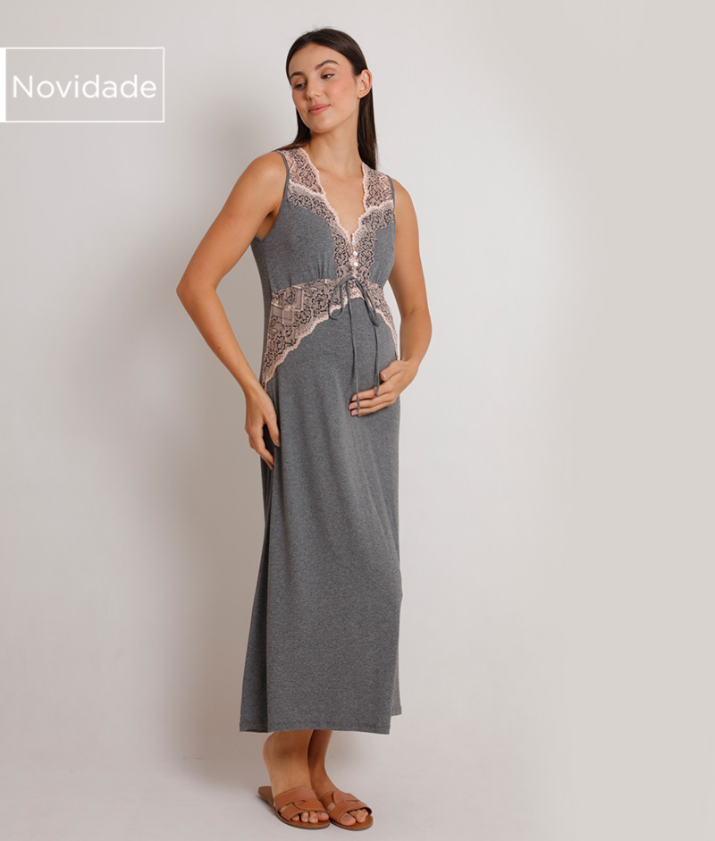 Camisola Longa Mescla com Renda Rosê - Belly Home