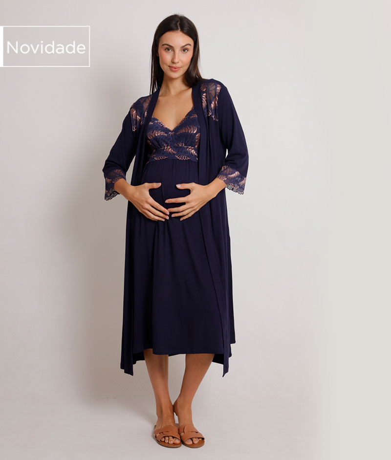 Camisola Midi Marinho com Renda Bicolor - Belly Home